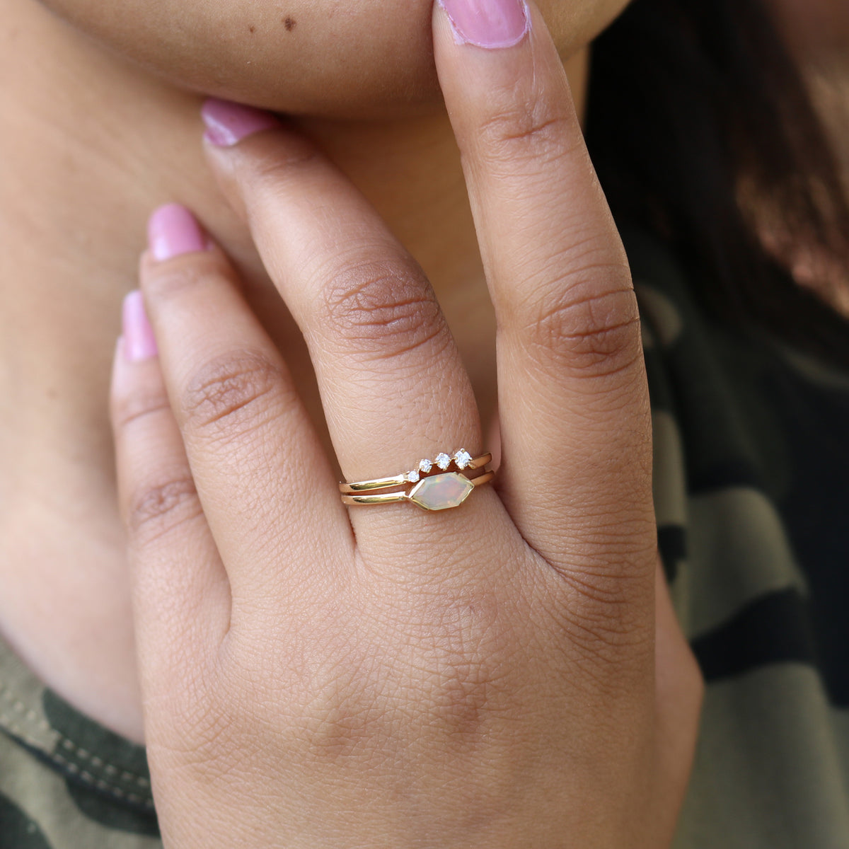 Natural Opal Hexagon Ring, 14k Gold Graduation Diamond Ring Stack Jewe ...